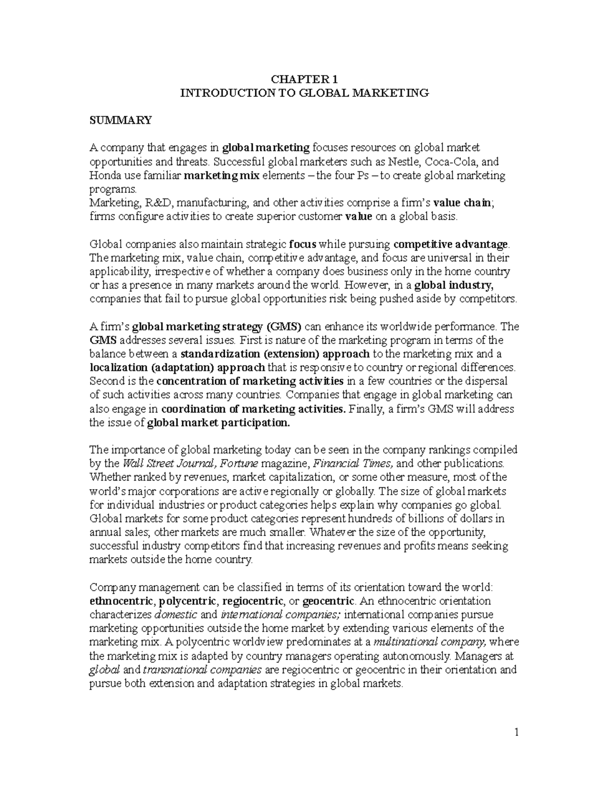 Summary ch 1 - course - CHAPTER 1 INTRODUCTION TO GLOBAL MARKETING ...