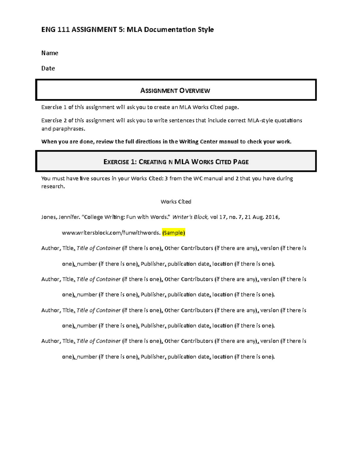 ENG 111 WCA 5 Template - ENG 111 ASSIGNMENT 5: MLA Documentation Style ...