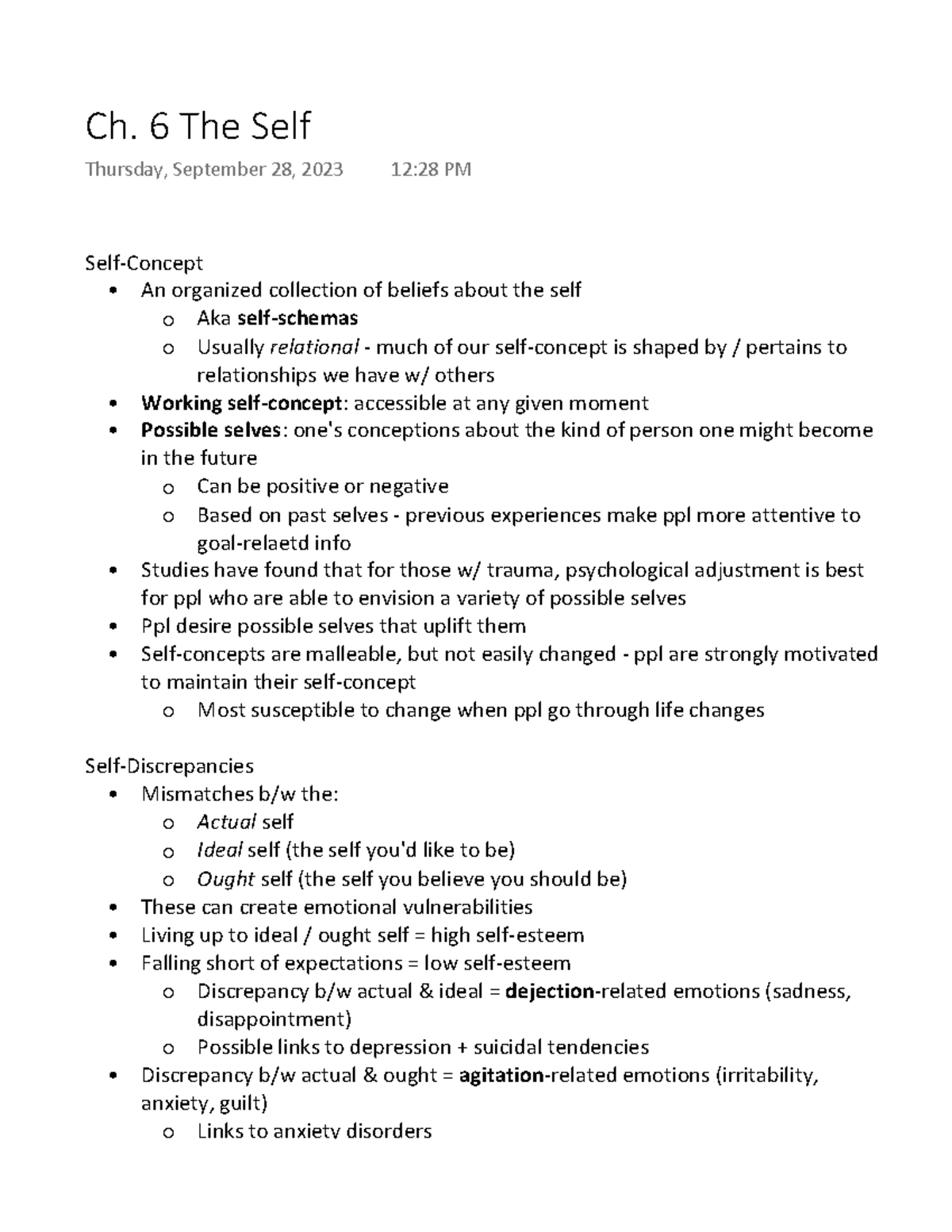 Psych 2035 Ch. 6 The Self textbook notes - Self-Concept An organized ...