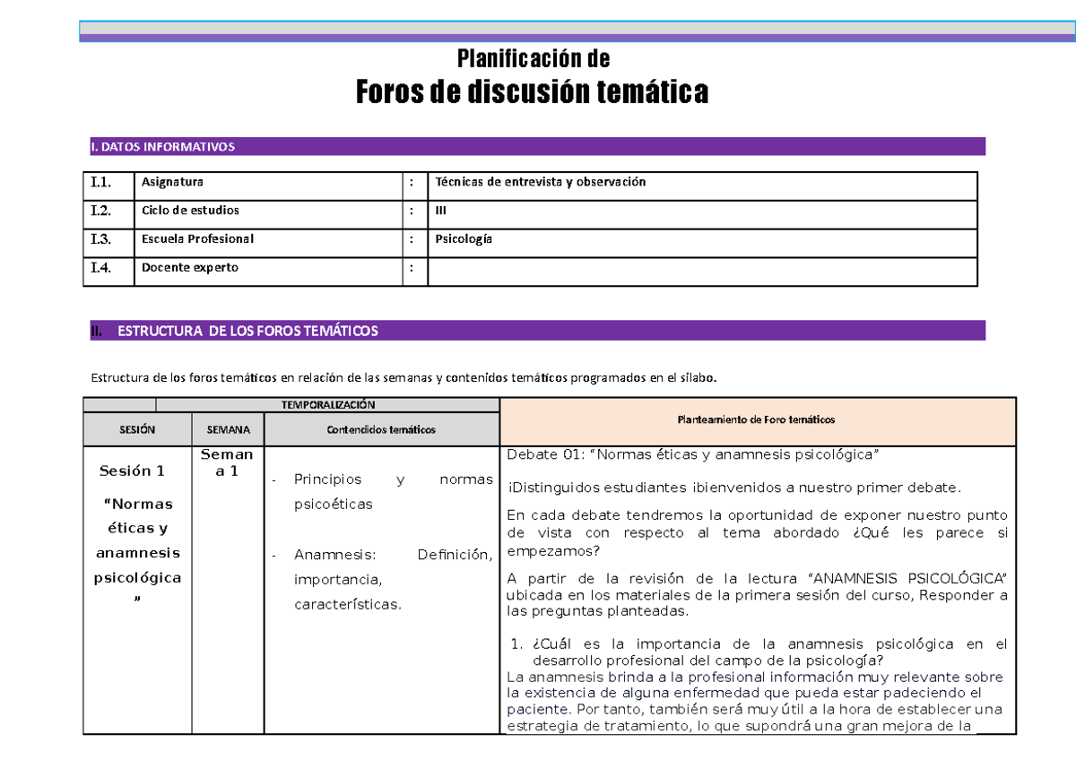 FORO Sesión 01 - foro matemático - Planificación de Foros de discusión ...