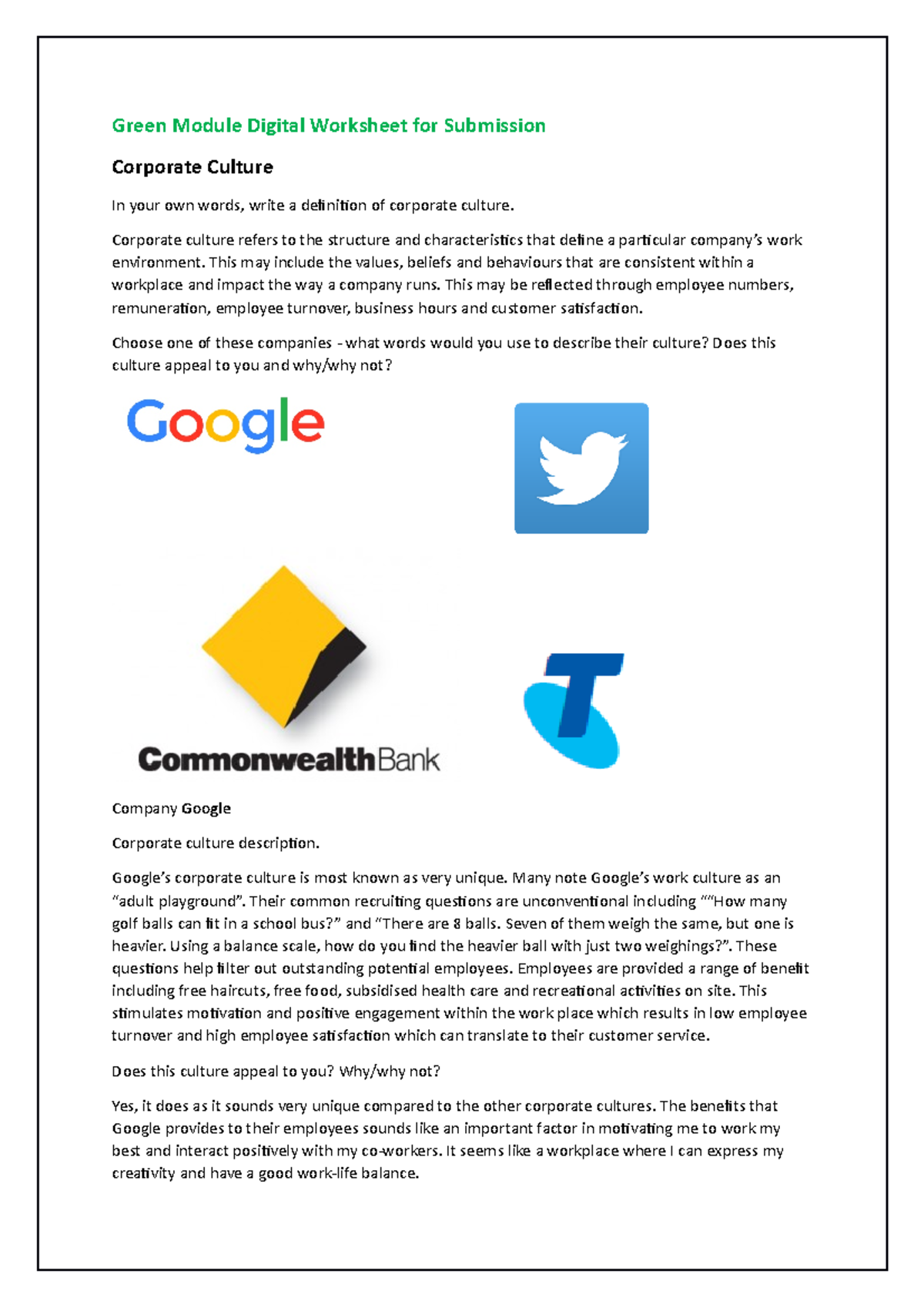 Green Module Worksheet - Green Module Digital Worksheet for Submission ...