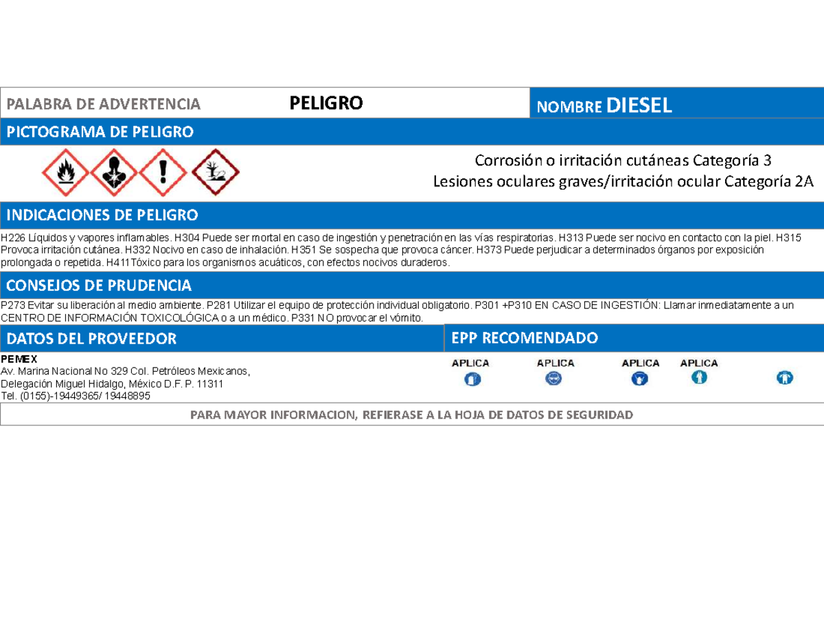 Etiqueta SGA Diesel - PALABRA DE ADVERTENCIA PELIGRO NOMBRE DIESEL ...