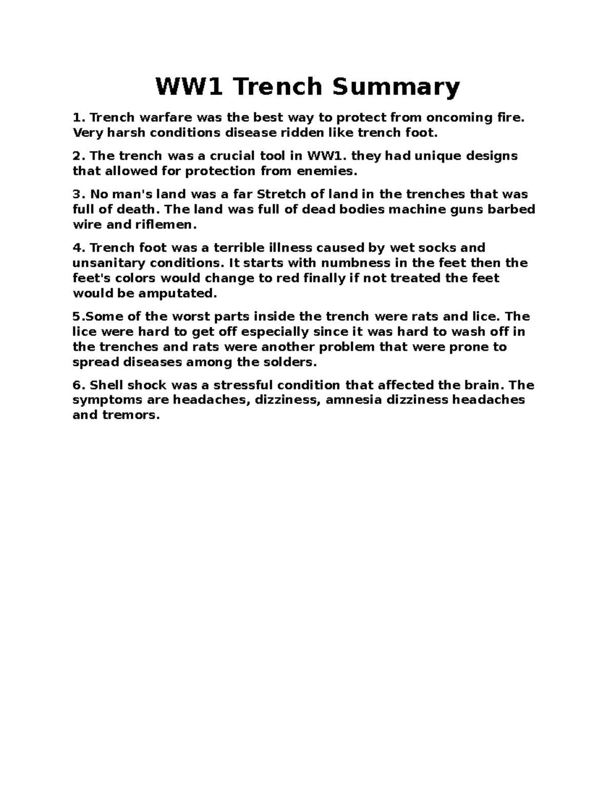 WW1 Summary - good - WW1 Trench Summary 1. Trench warfare was the best ...