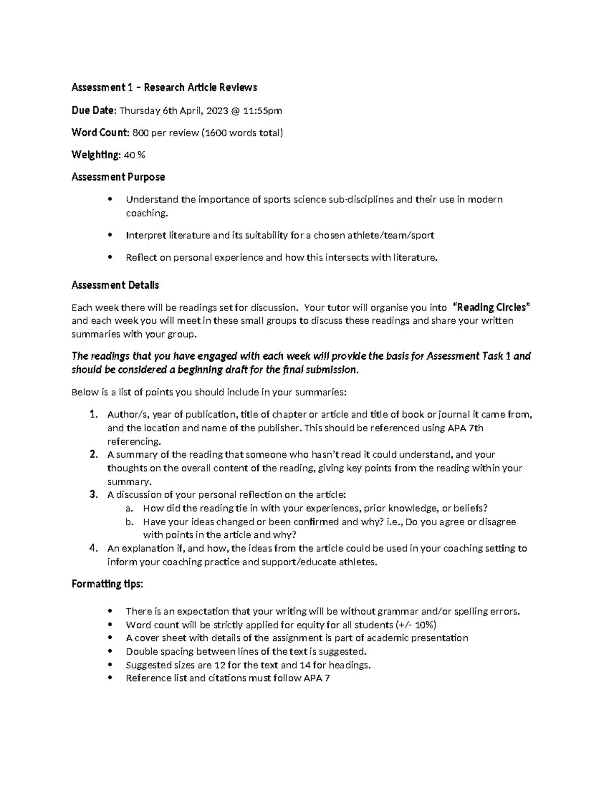 Sports Science & Coaching Applications Assignment 1 - Draft ...