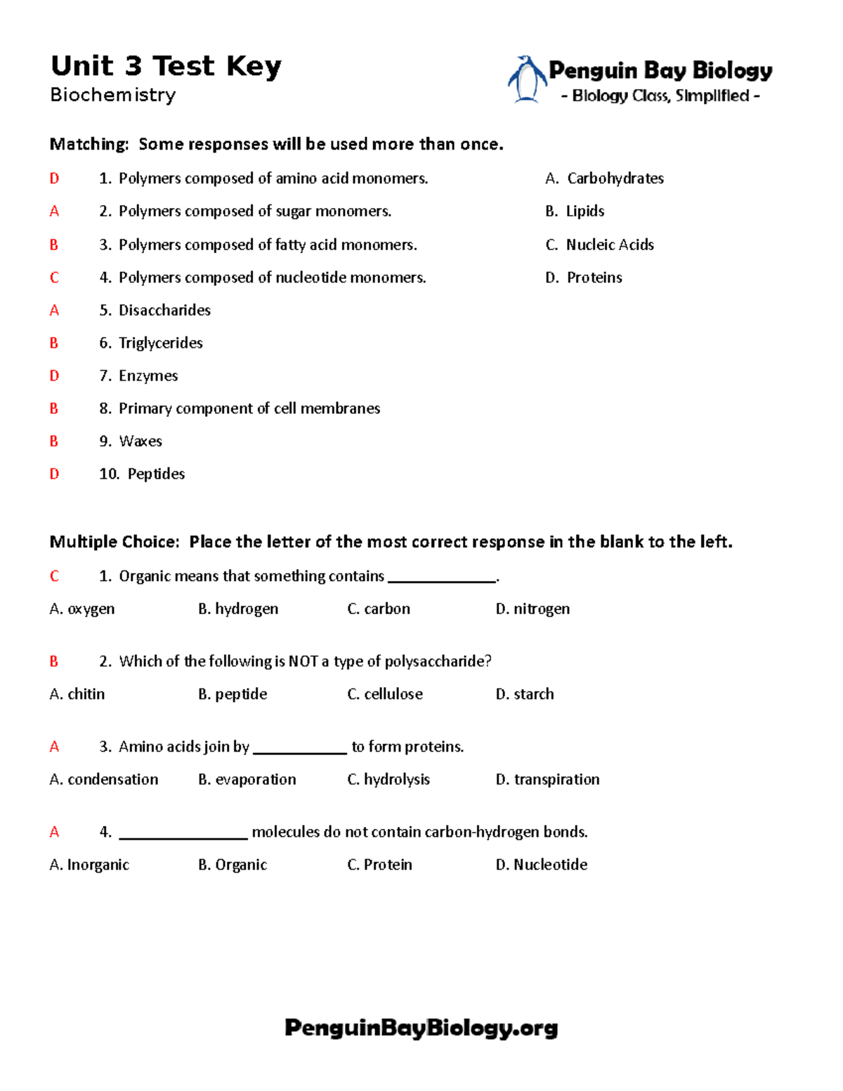 3.7.2 Unit 3 Test Key - Biochemistry - Biochemistry Matching: Some ...
