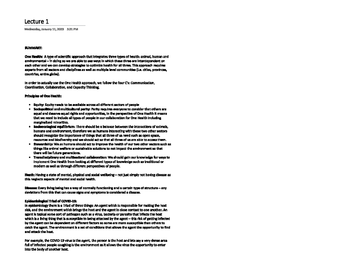 Lecture 1 - Orientation and Introduction to One Health - ONEH1000 - Studocu
