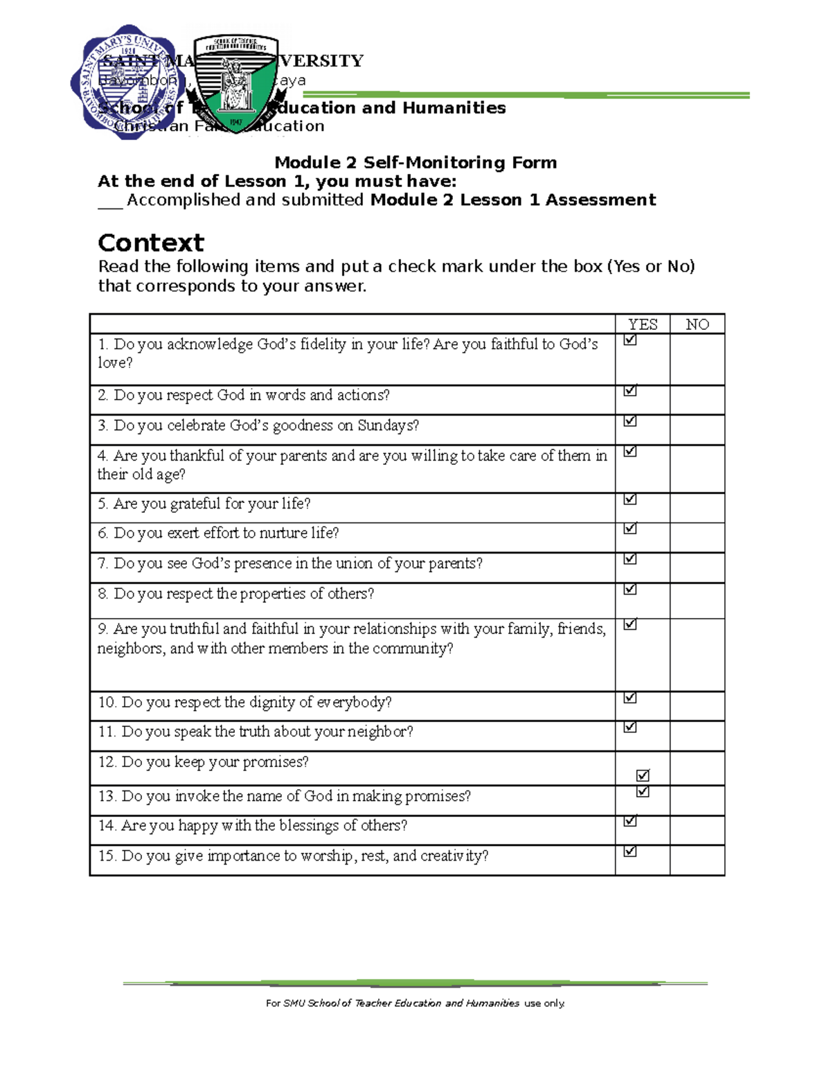 Module 2 Context Self-Monitoring Form - SAINT MARY’S UNIVERSITY ...