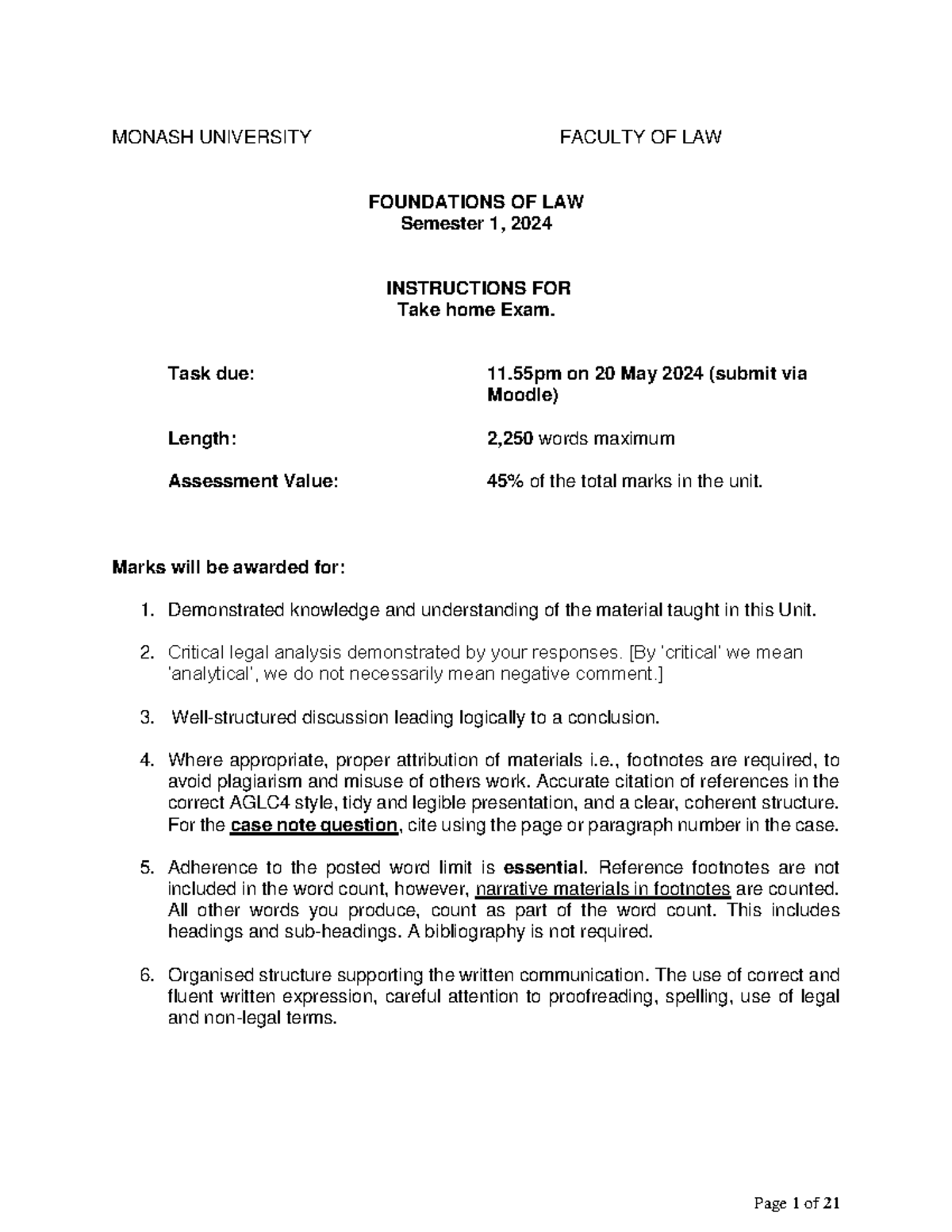 Law1111 2024 S1 Exam - MONASH UNIVERSITY FACULTY OF LAW FOUNDATIONS OF ...