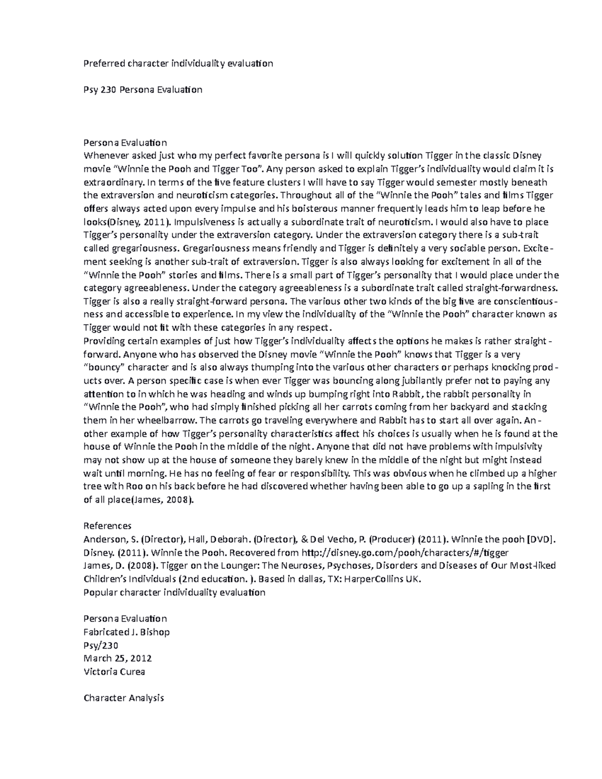 Psy 230 Character Evaluation 1 - Preferred character individuality ...