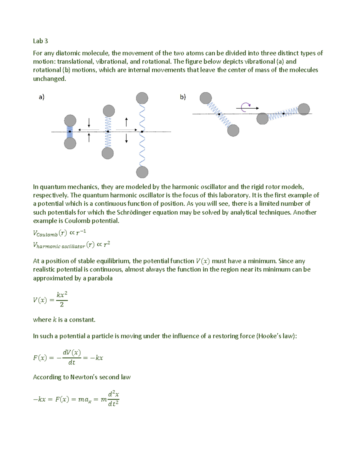 Lab 3 manual - good - Lab 3 For any diatomic molecule, the movement of ...