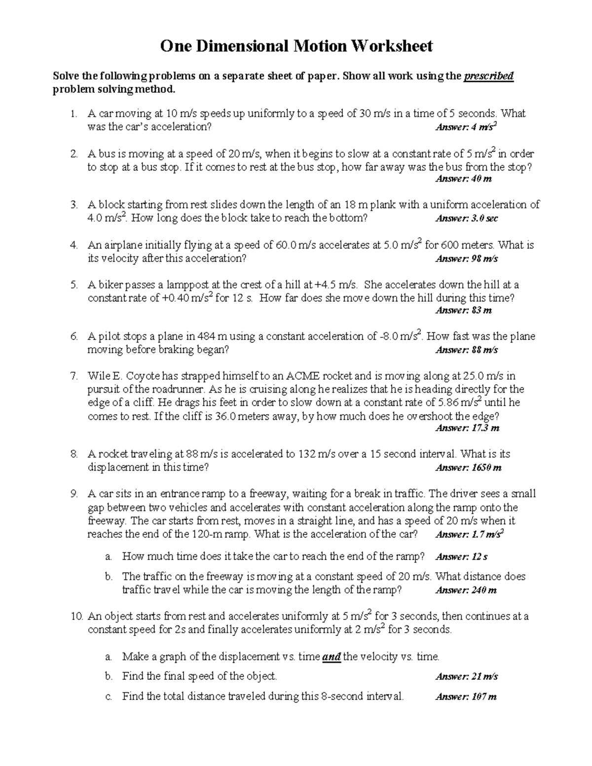 Unit 1 practice - One Dimensional Motion Worksheet Solve the following ...