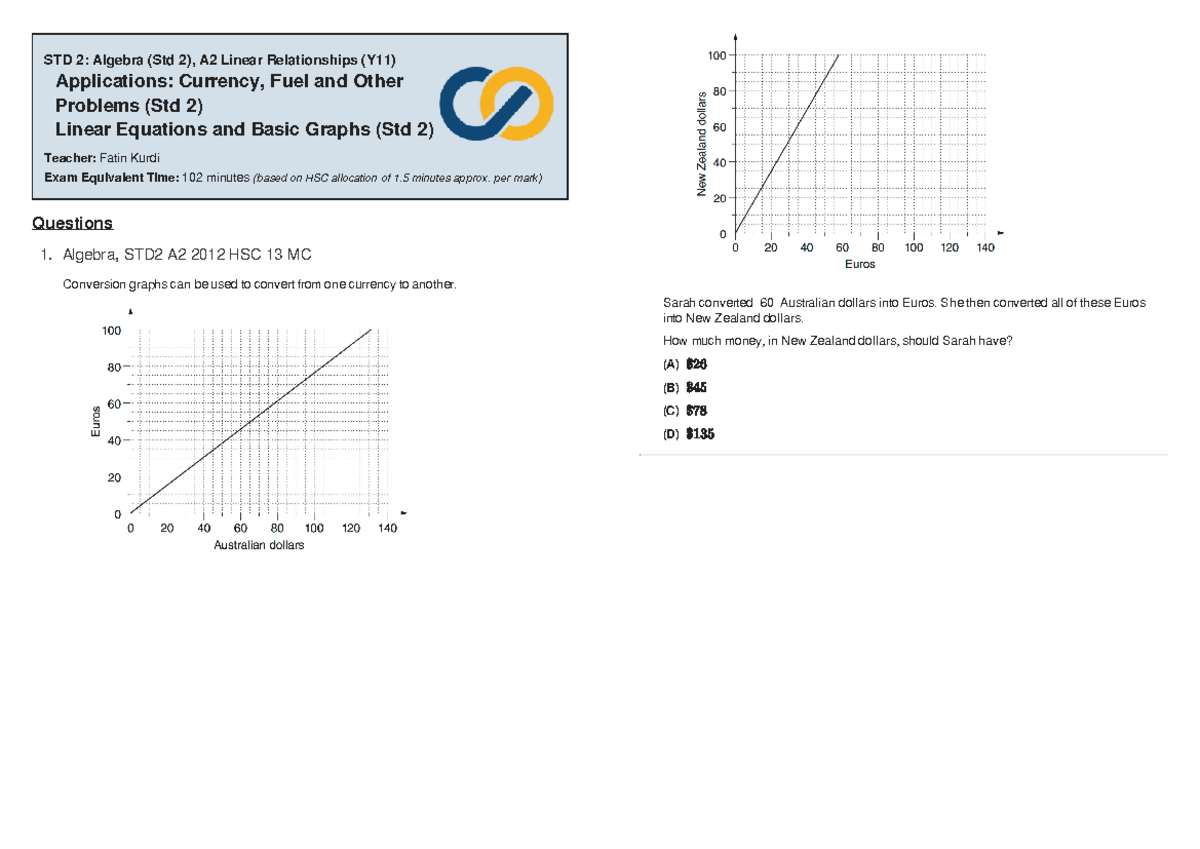 HSC Linear Relationships SM-2 - 1. Algebra, STD2 A2 2012 HSC 13 MC STD ...