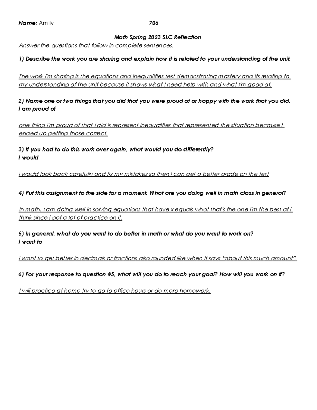 Amily Gonzalez - Mitchell Math Spring SLC reflection sheet - Name ...