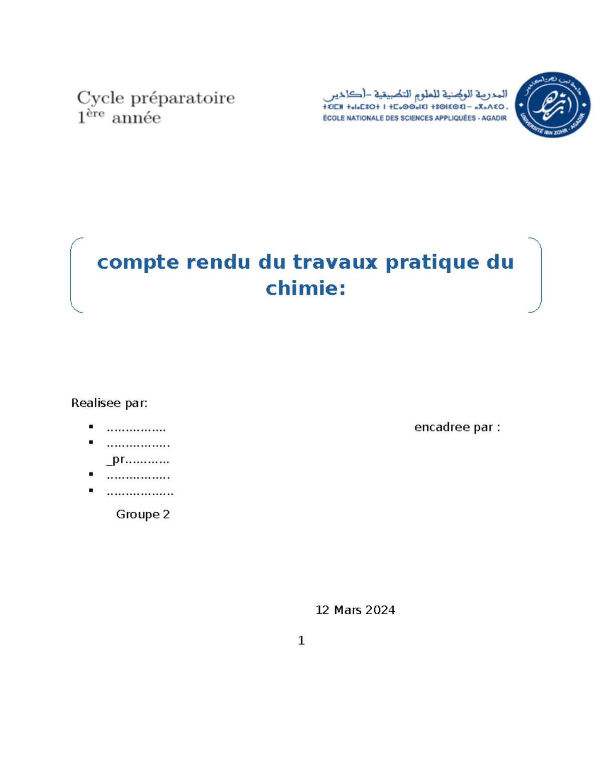 Compte Rendu TP Chimie N°1 - Hehnhh Realisee par: ................ encadree par : - Studocu