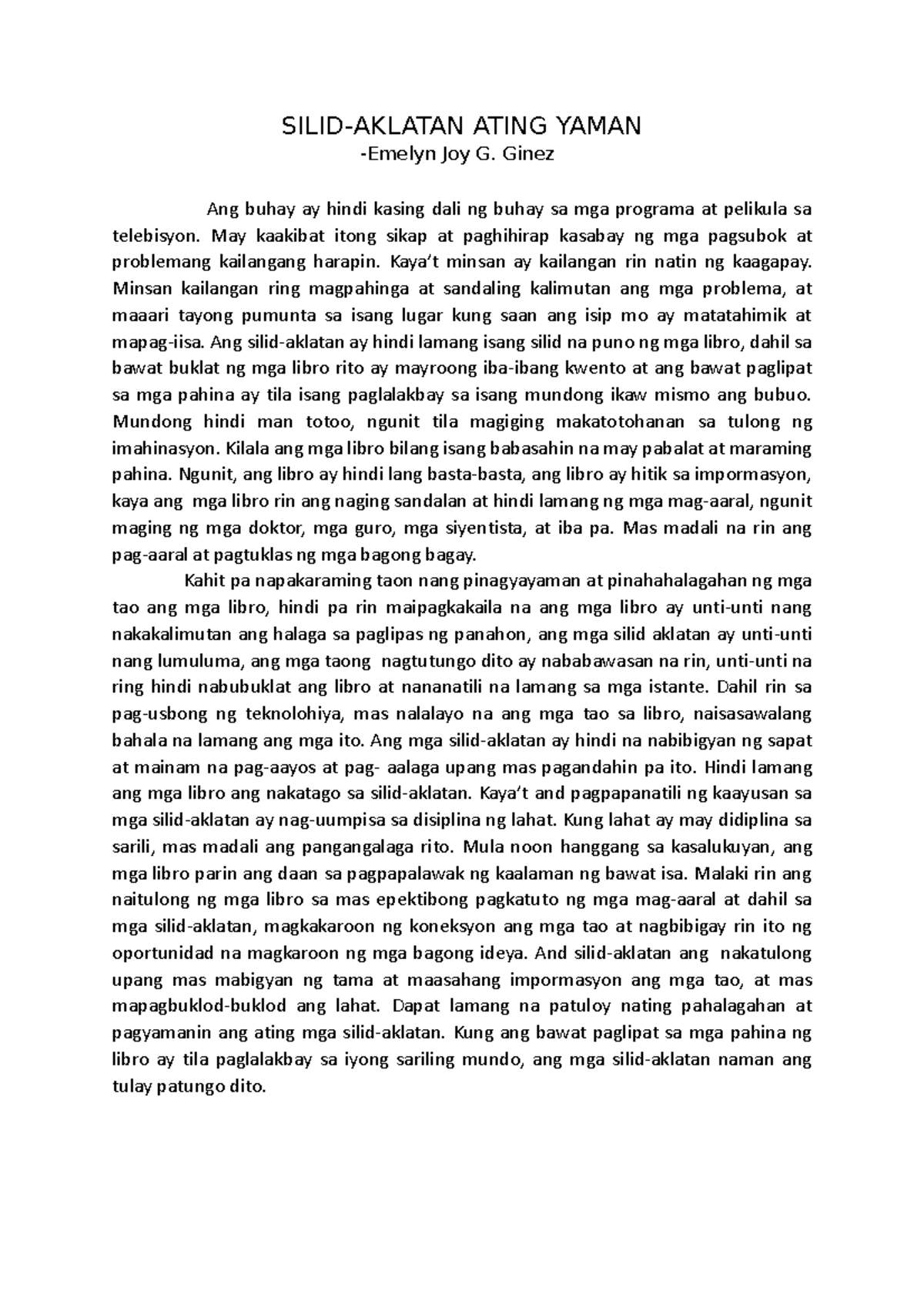 Silid- Aklatan NI Emelyn - SILID-AKLATAN ATING YAMAN -Emelyn Joy G ...