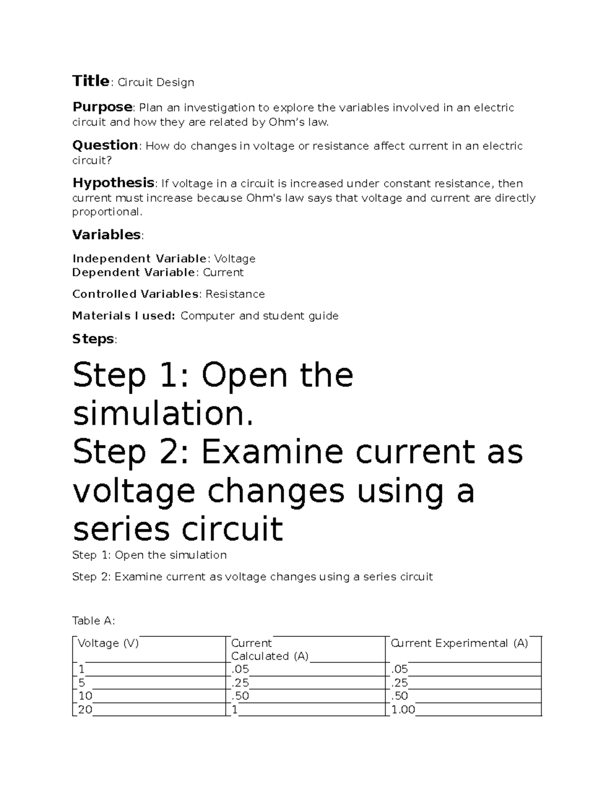 Lab Circuit Design - aaaa - Title: Circuit Design Purpose: Plan an ...