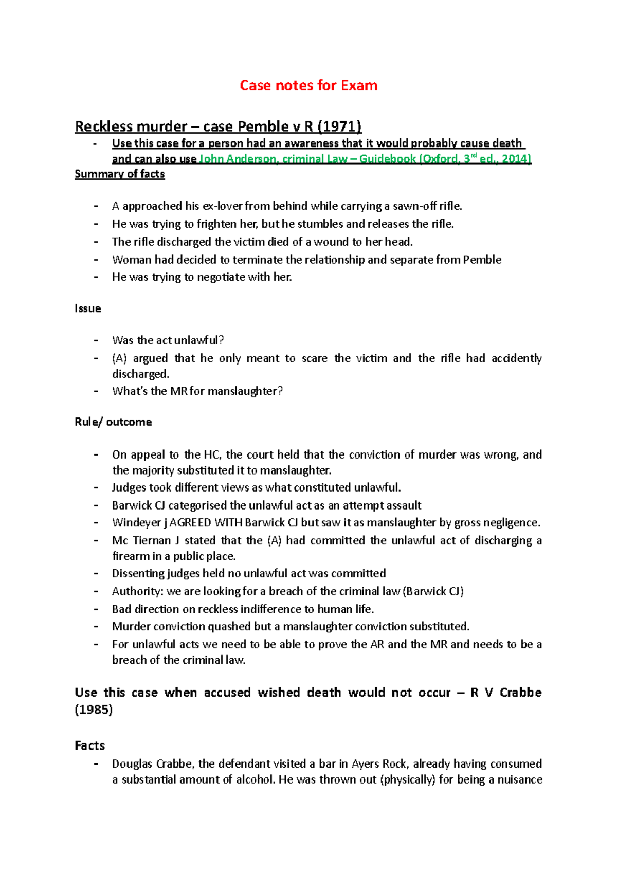 Case notes for Exam - Case notes for Exam Reckless murder – case Pemble ...
