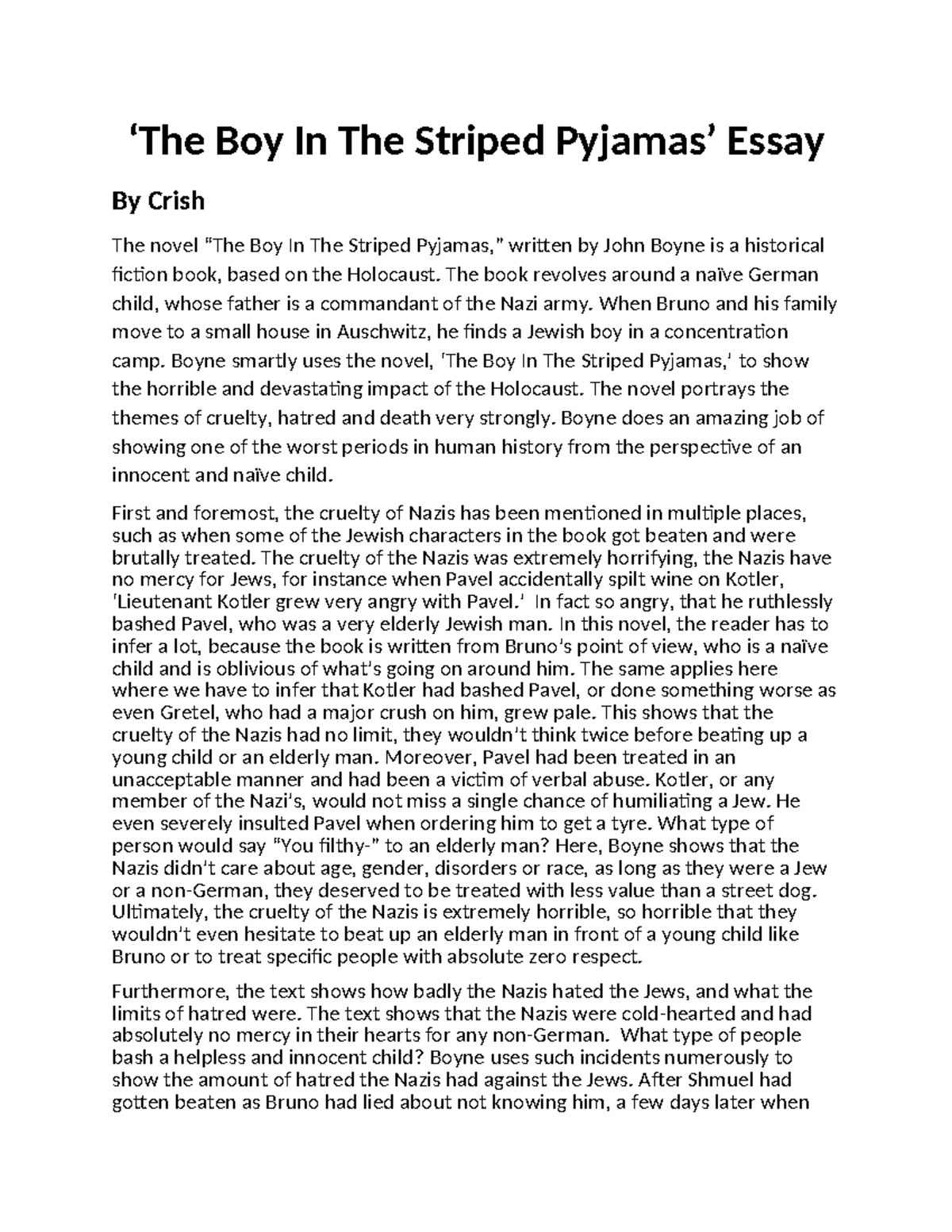 ’The Boy In The Striped Pyjamas’ Essay - The book revolves around a ...