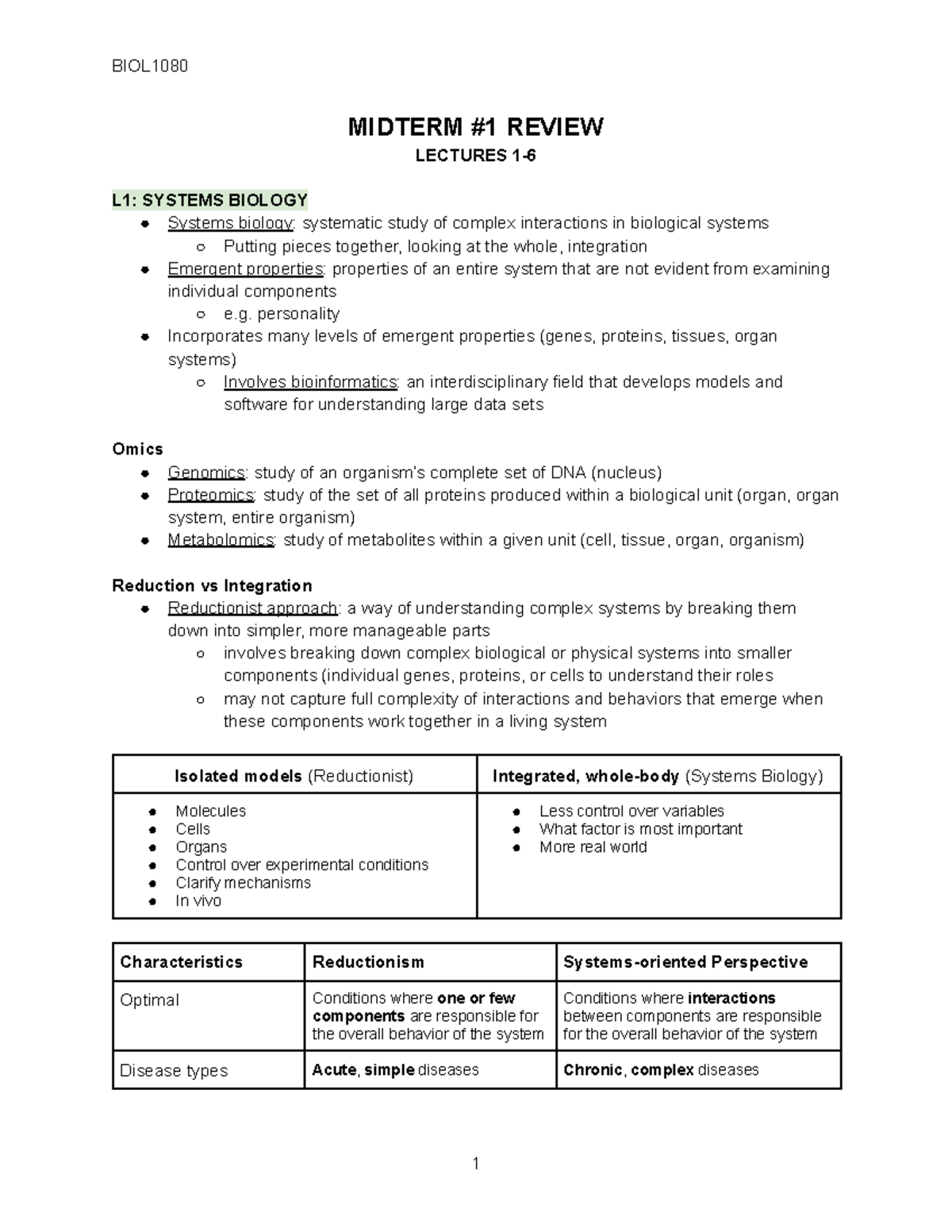 Midterm #1 (L1-6) - BIOL1080 - MIDTERM #1 REVIEW LECTURES 1- L1 ...