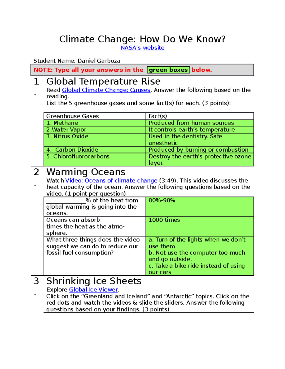 Climate Change Worksheet dg - Climate Change: How Do We Know? NASA’s ...
