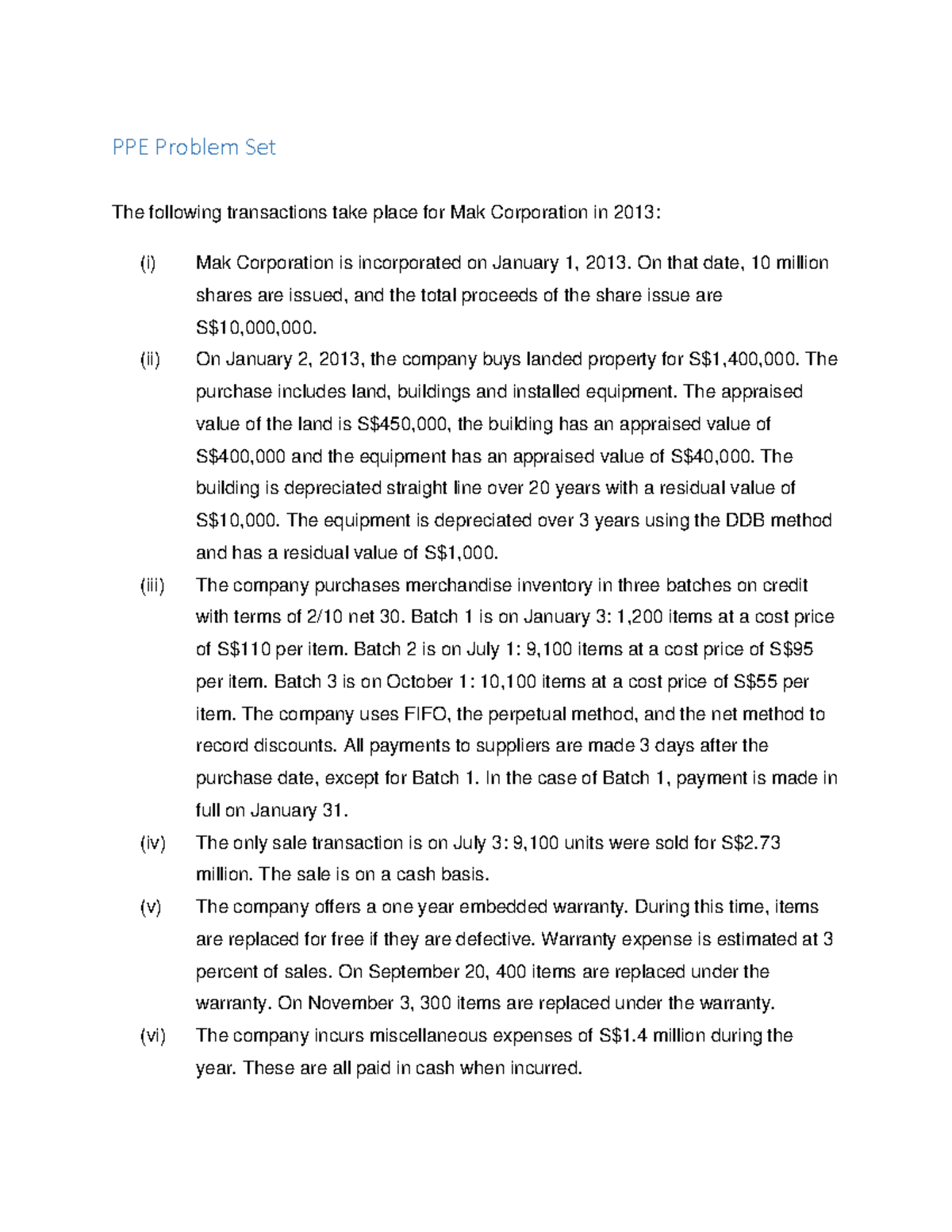 Ppe etc extra practice with solution - PPE Problem Set The following transactions take place for ...