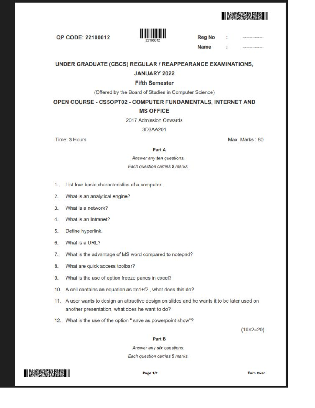 Computer fundamentals - QP CODE: Reg No : Name : UNDER GRADUATE (CBCS ...