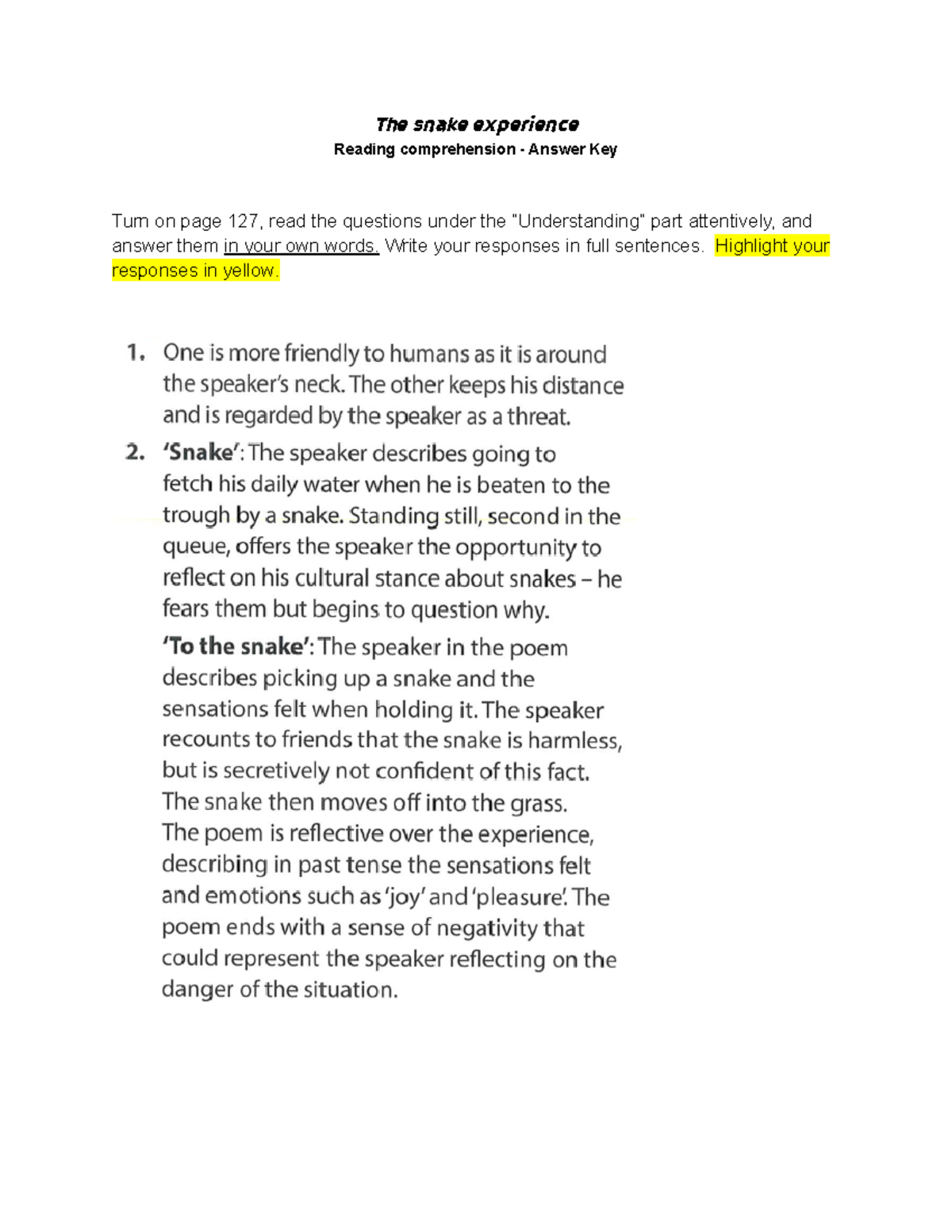 7. Ch - The snake experience - Reading comprehension answer key ...
