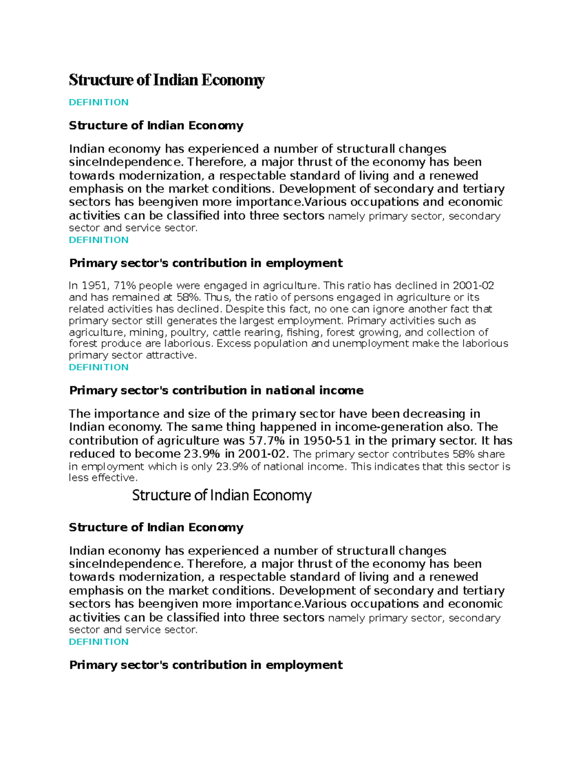 Introduction to the Sectors of Indian Economy - Structure of Indian ...