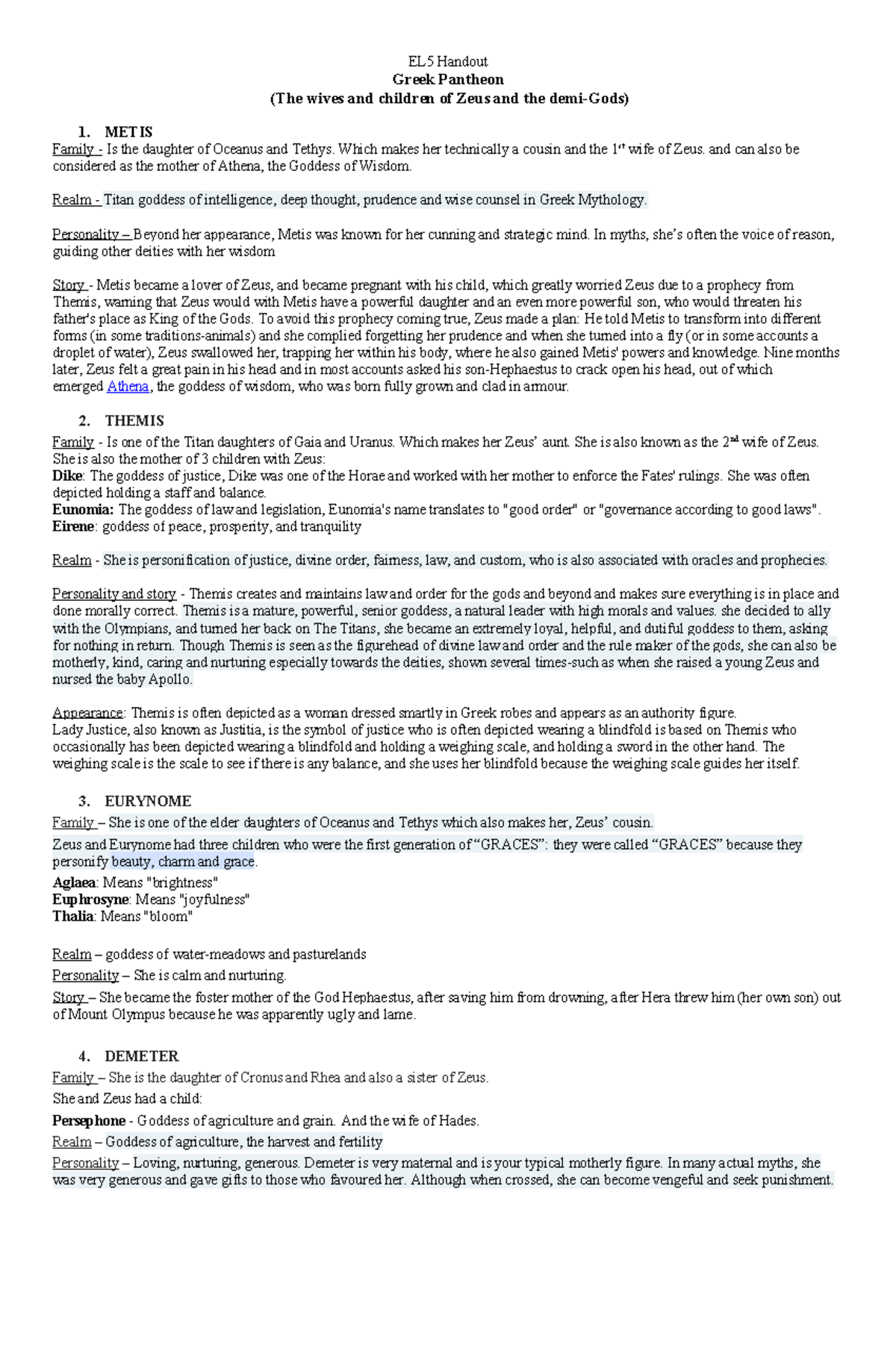 EL5 Handout Zeus' wives and children and the demi Gods - EL5 Handout ...