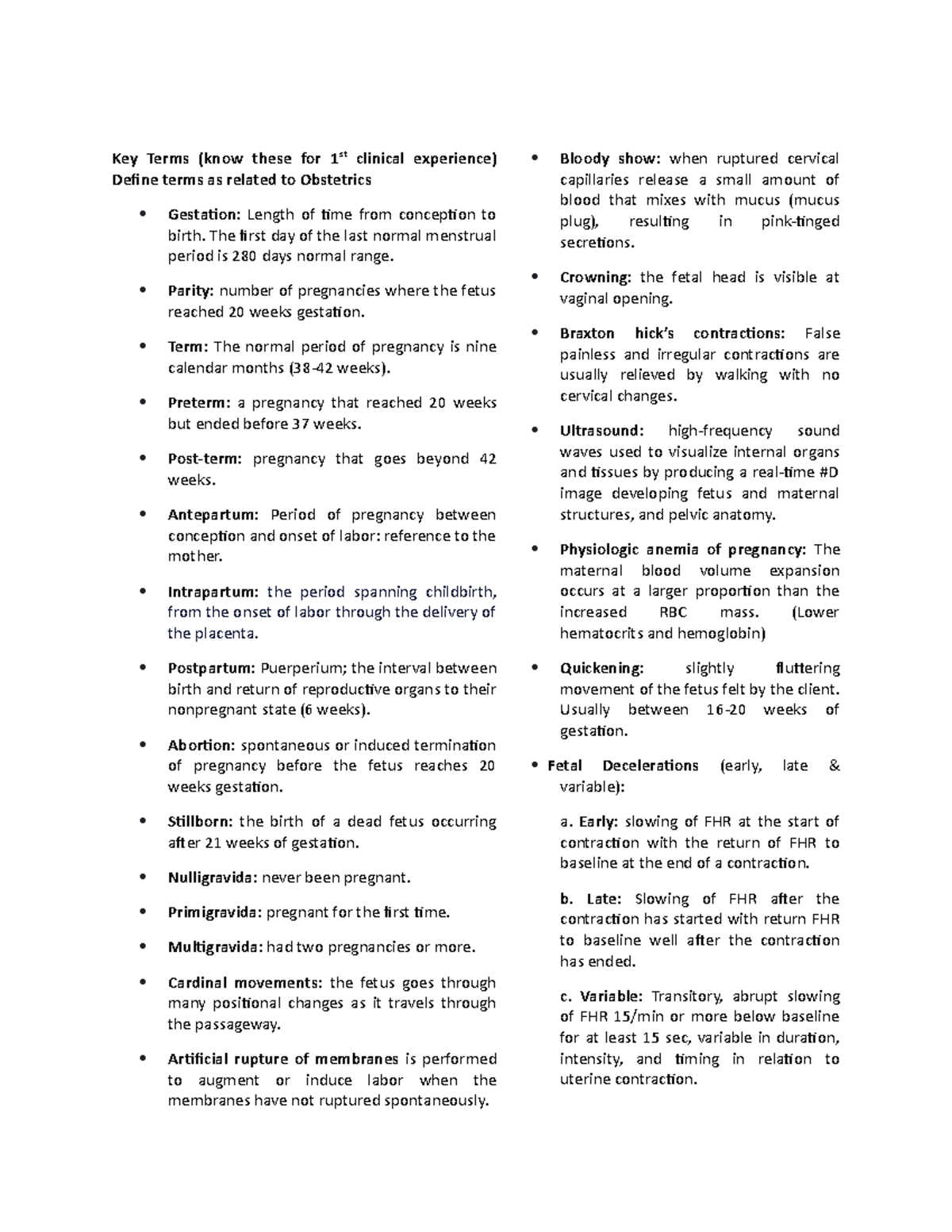 OB Key terms and Drugs clincial - Key Terms (know these for 1st ...