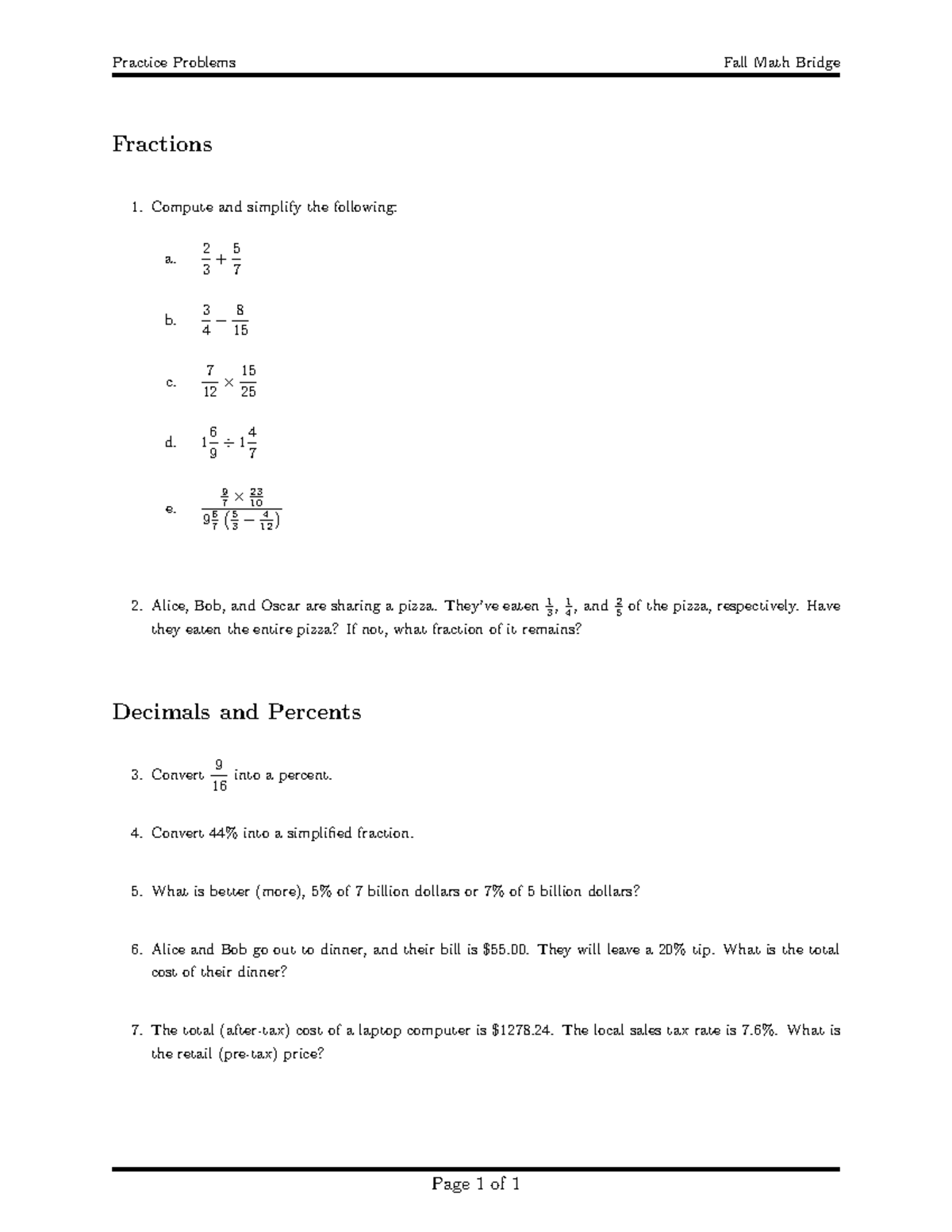 Fractions Decimals and Percents-1 - Practice Problems Fall Math Bridge ...