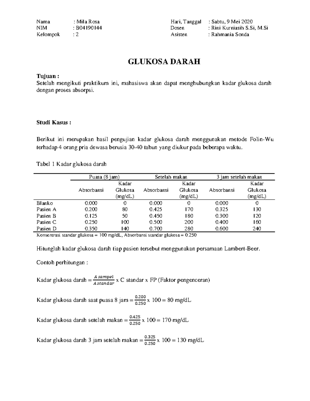 Laporan Praktikum Biokimia Glukosa Darah - NIM : B04190144 Dosen : Rini ...