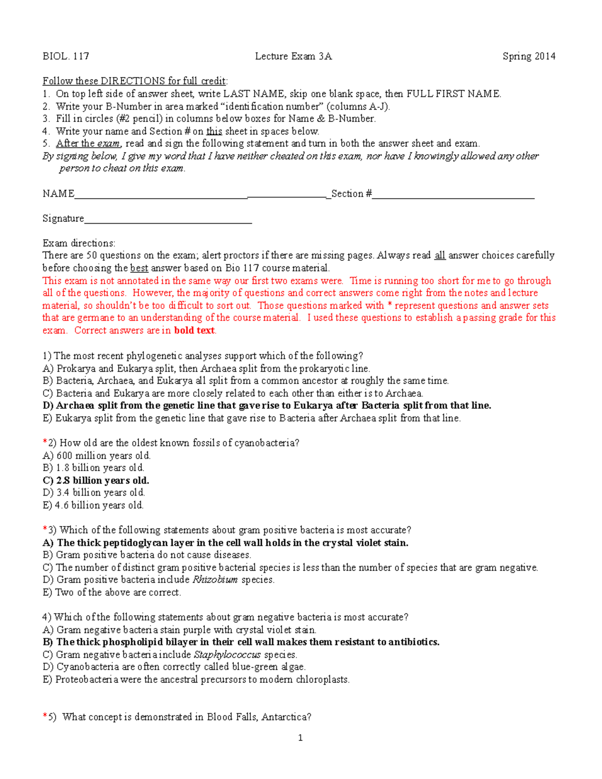 3c Study Guide practice - BIOL. 117 Lecture Exam 3A Spring 2014 Follow ...