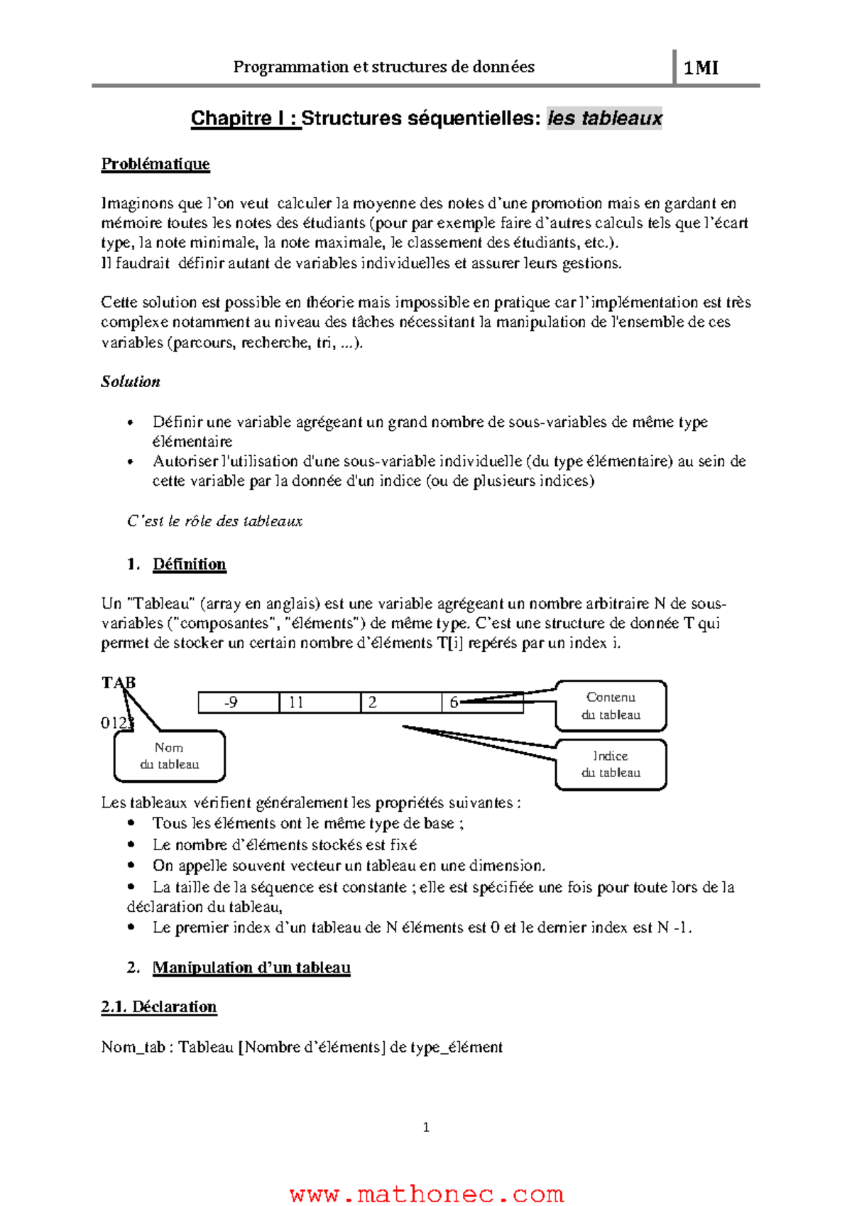 Programmation et structures de données - 1 Chapitre I : Structures séquentielles: les tableaux ...