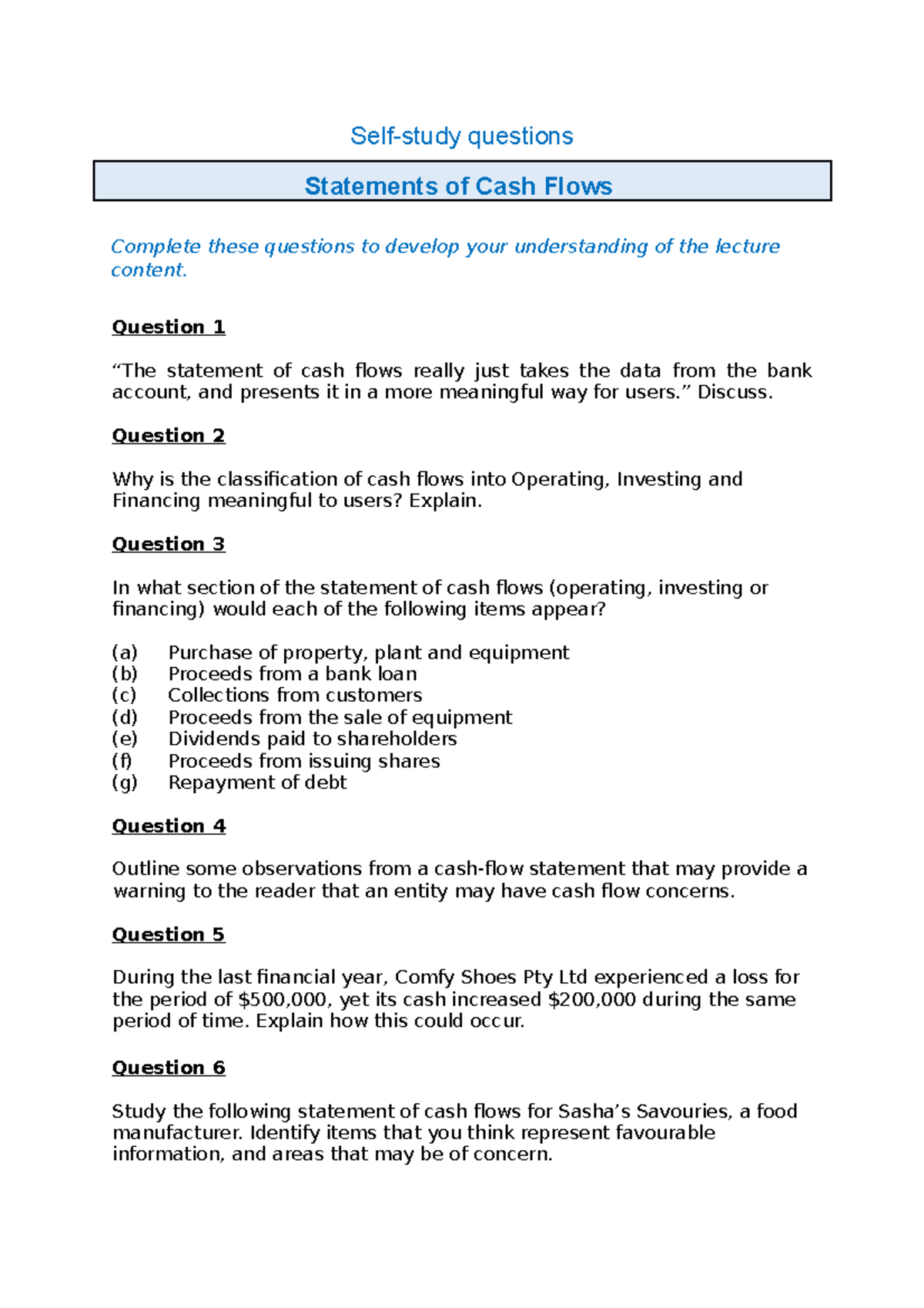 Topic 4 Self-study questions - Self-study questions Statements of Cash ...