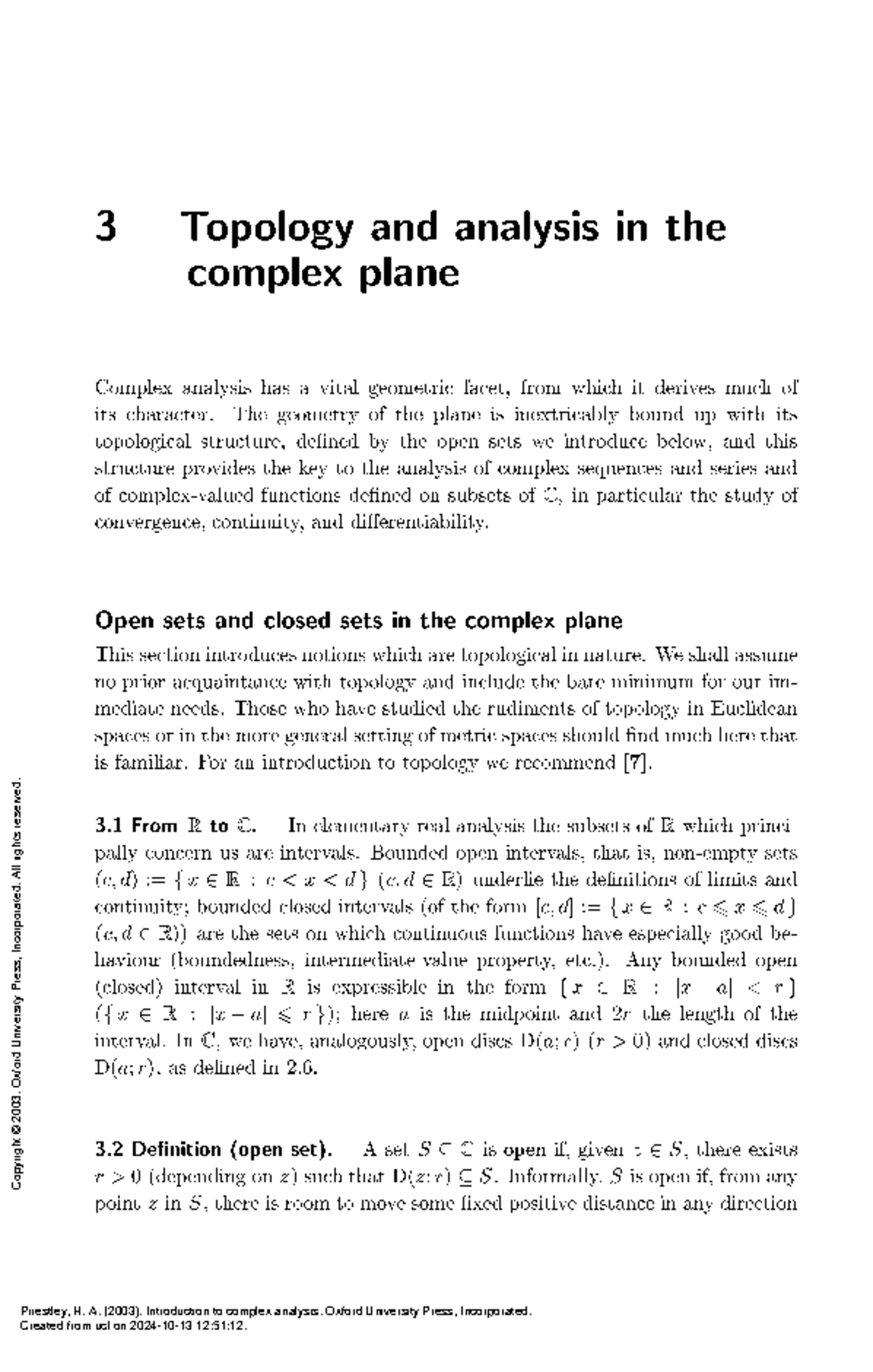 Introduction to Complex Analysis - (3 - Topology and analysis in the complex plane Complex ...