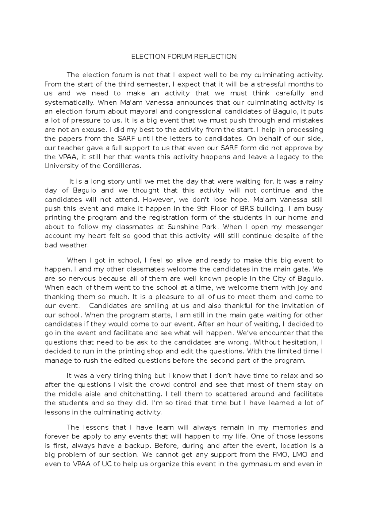 Election Forum - ELECTION FORUM REFLECTION The election forum is not ...