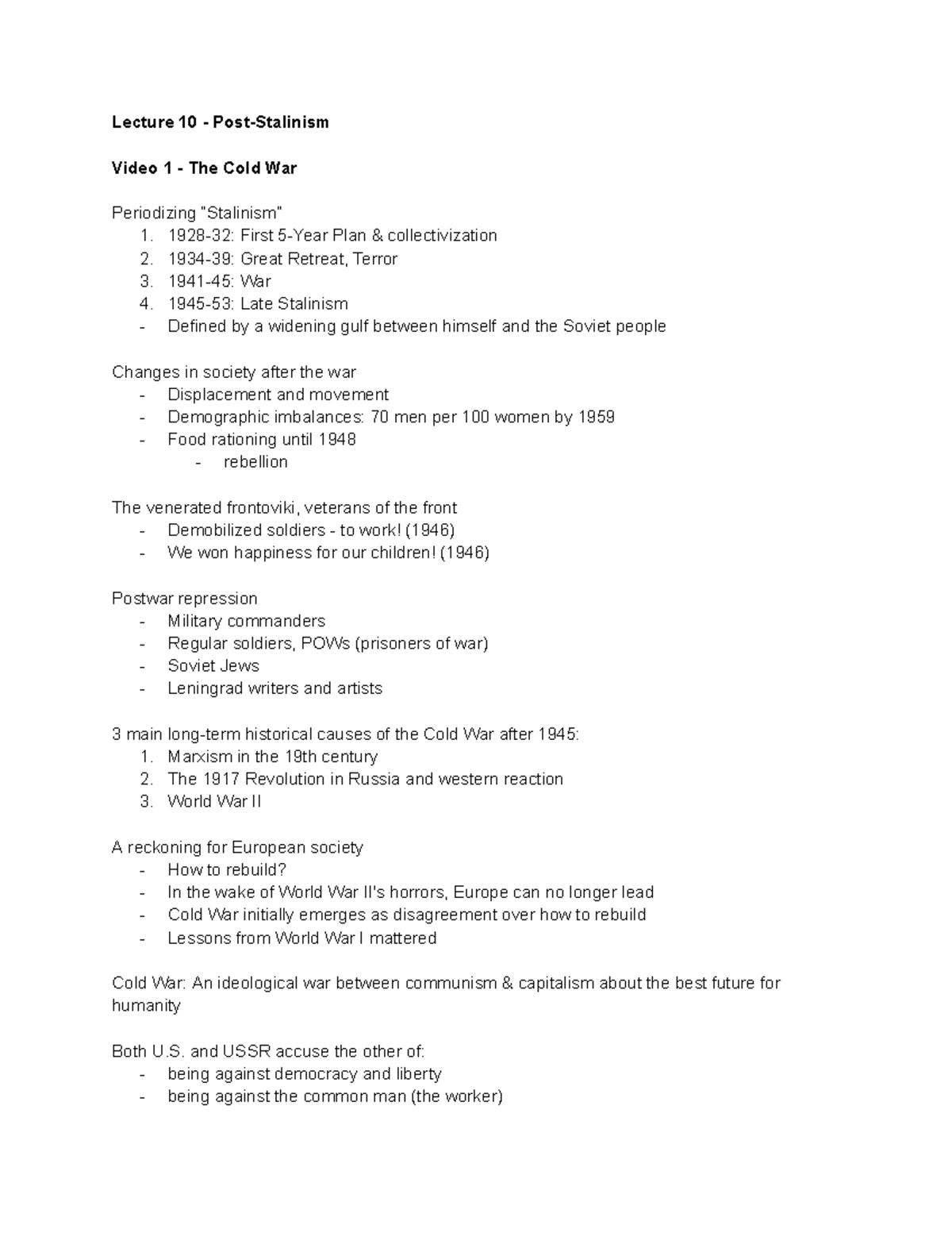 HIST2600 - Lecture 10 - Lecture 10 - Post-Stalinism Video 1 - The Cold ...