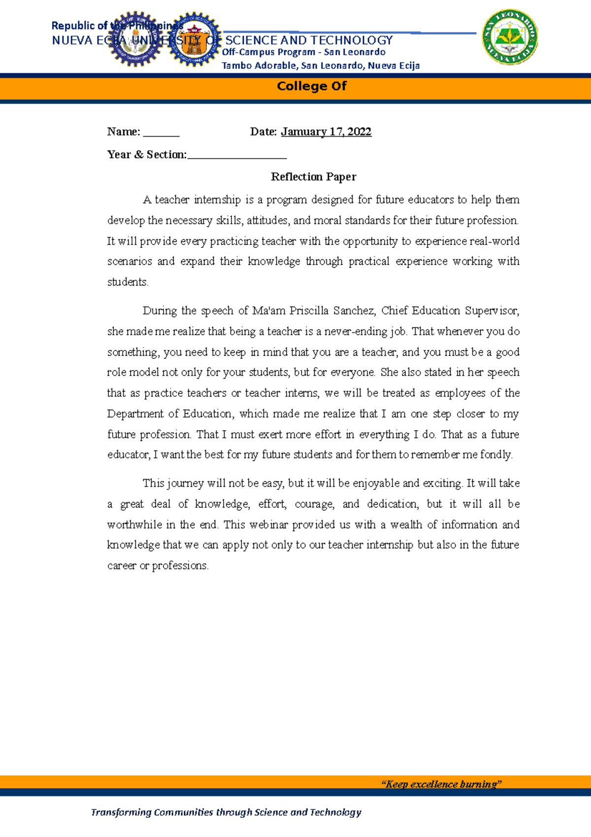 Reflection day 1 - FOR EDUCATION PURPOSE ONLY - Name: Date: Jamuary 17 ...