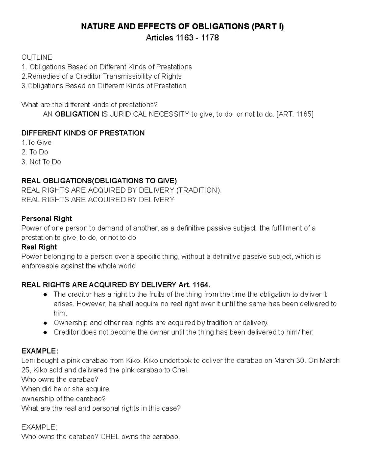 AE1 Obligations AND Contracts - NATURE AND EFFECTS OF OBLIGATIONS (PART I) Articles 1163 - 1178 ...