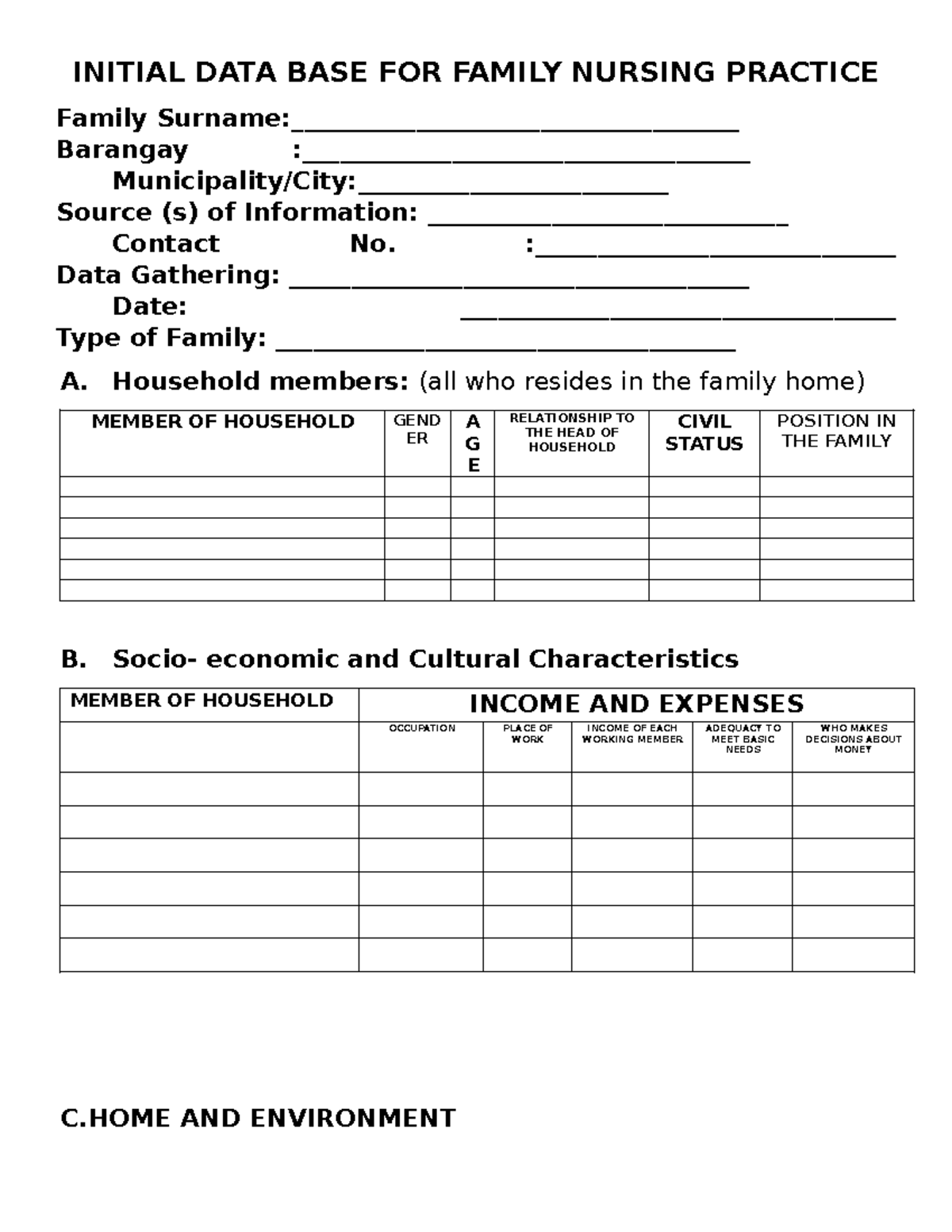 Initial DATA BASE FOR Family Nursing Practice - INITIAL DATA BASE FOR ...