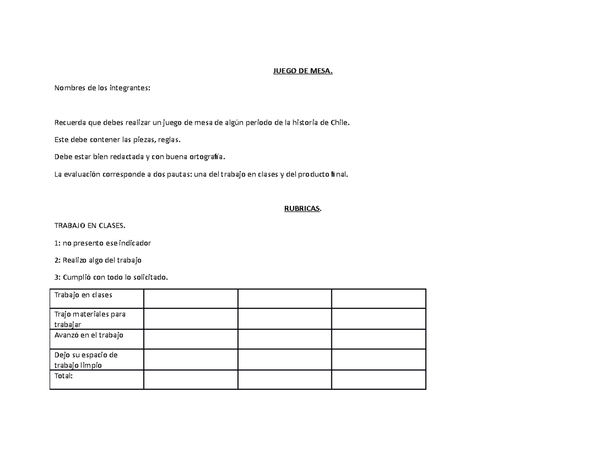 Rubrica Juego DE MESA - JUEGO DE MESA. Nombres de los integrantes ...