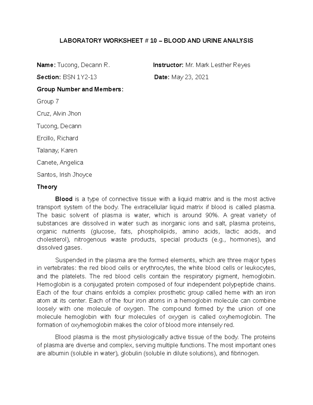 Laboratory Worksheet 10 Blood and Urine Analysis - LABORATORY WORKSHEET ...