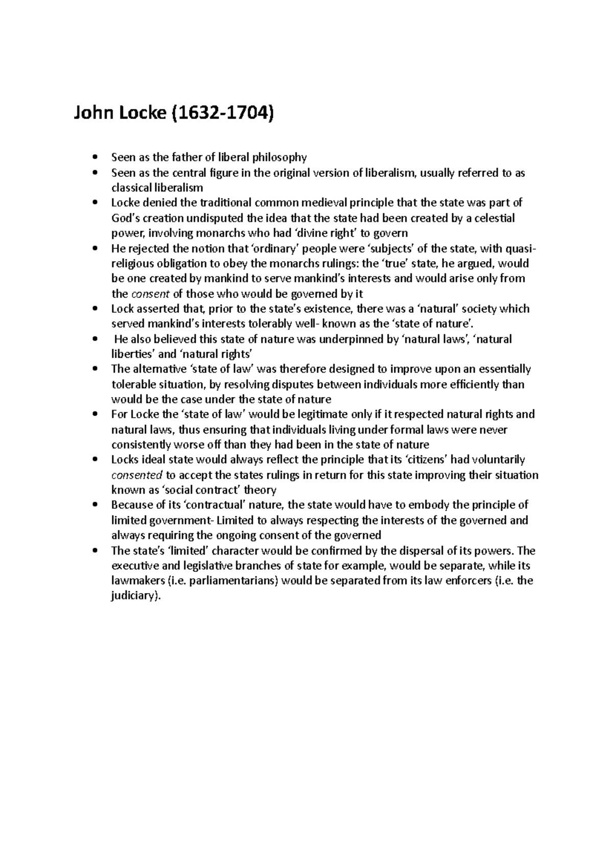 Liberal key thinkers - John Locke (1632-1704) Seen as the father of ...