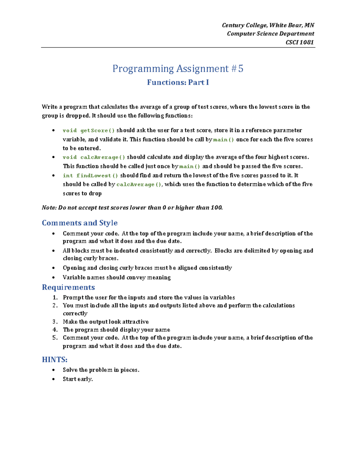 Programming in C++ PA 5 Functions - Century College, White Bear, MN ...