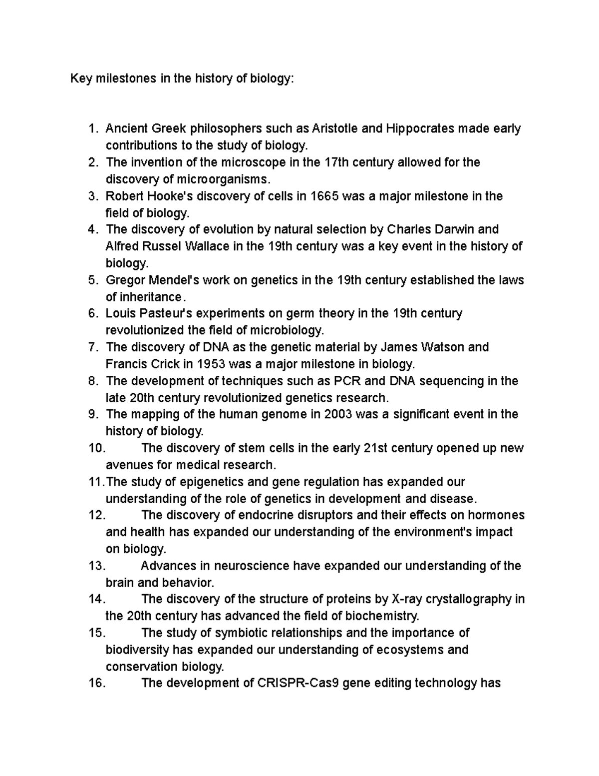 Key milestones in the history of biology - Key milestones in the ...