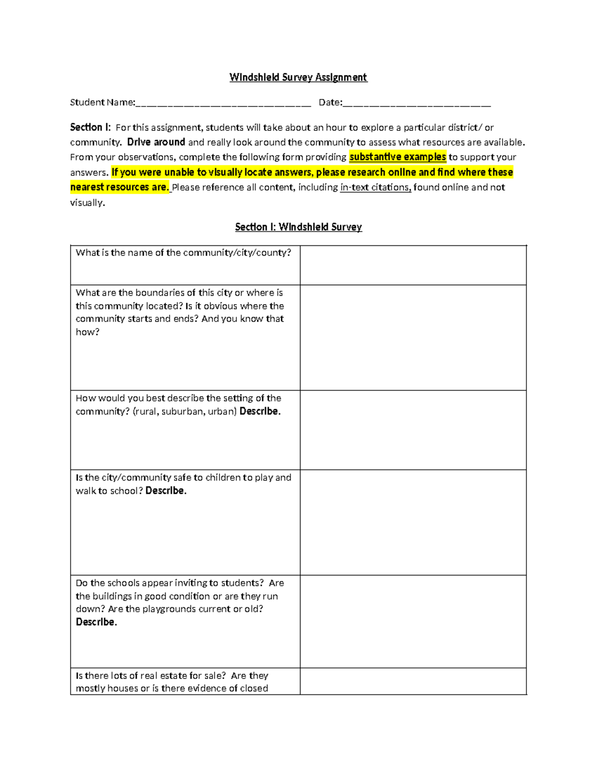 Week 2 Windshield Survey Template-FA23 Updates - Windshield Survey ...