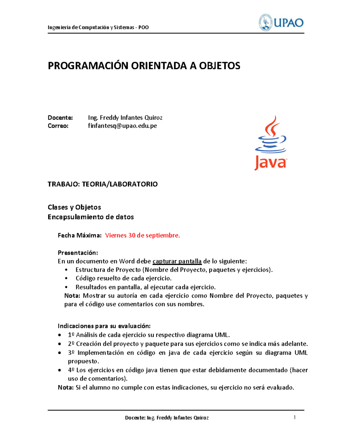 1ºTrabajo Calificado Lab(Clasesy Objetos I) - PROGRAMACI”N ORIENTADA A ...