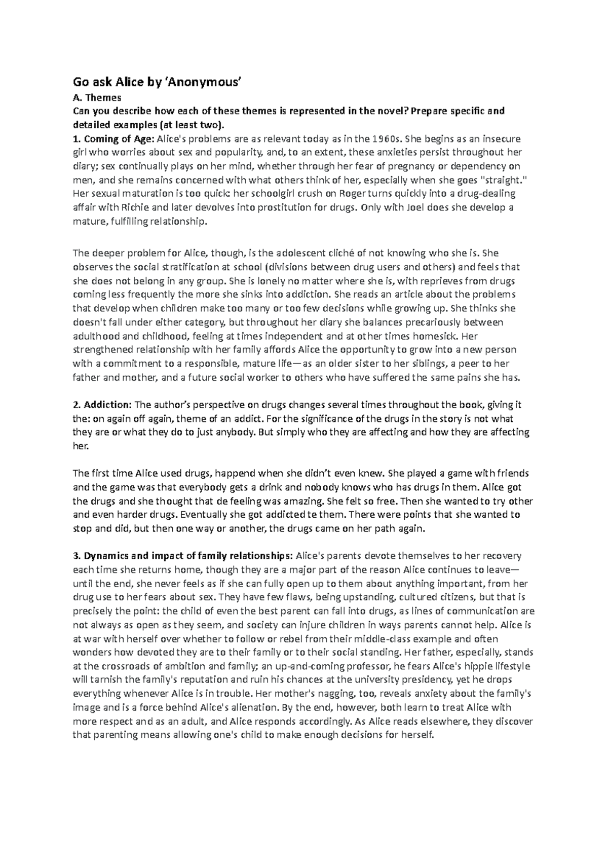 Engels boektoets; Go ask Alice - Go ask Alice by ‘Anonymous’ A. Themes ...