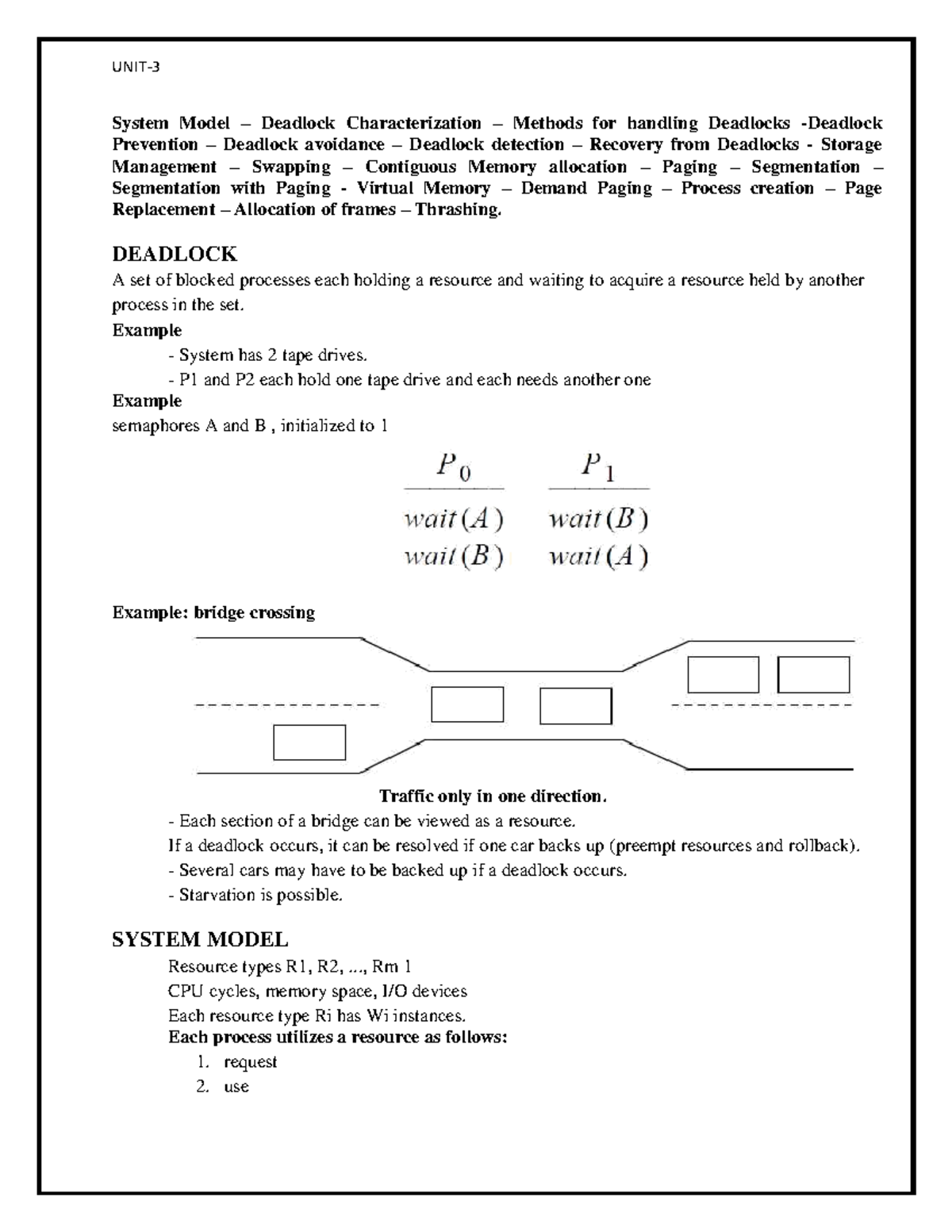 Unit 3 - Summary Operating Systems - System Model – Deadlock Characterization – Methods for ...